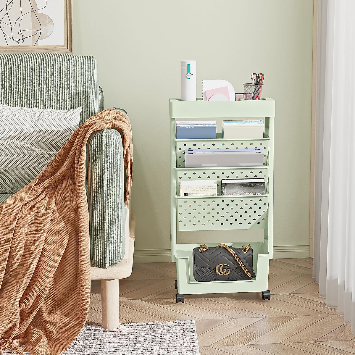 YEMUNY 5 Tier Rolling Utility Cart Multi-Functional Movable Storage Book Shelves with Lockable Casters for Study Office Kitchen Classroom, Light Green