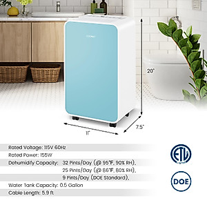 COSTWAY 2500 Sq. Ft Dehumidifier for Basement, 32 Pints Portable Quiet Dehumidifier with Sleep Mode, 24H Timer, Auto Shut Off, Auto Defrost & Drain Hose for Basement Bathroom (Navy)
