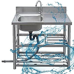 Commercial Sink Single Bowl Unit Free Standing Utility Sink with Cold and Hot Faucet and Workbench and Storage Shelves for Kitchen Bathroom Restaurant Farmhouse Laundry Indoor Outdoor. (Color : Hot a
