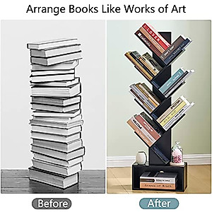 Hoctieon 6 Tier Tree Bookshelf, 6 Shelf Bookcase with Drawer, Free Standing Tree Bookcase, Display Floor Standing Shelf for Books, Book Organizer Shelves for Home Office, Black