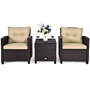 Tangkula 3 Pieces Patio Furniture Set, PE Rattan Wicker 3 Pcs Outdoor Sofa Set w/Washable Cushion and Tempered Glass Tabletop, Conversation Furniture for Garden Poolside Balcony (Beige)