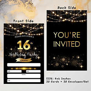 16th Birthday Invitations with Envelopes - Black Gold Glitter Fill-in Invites Cards - Surprise Birthday Party Invitation Card for Her Him - Birthday Party Favors Supplies Decorations (20 Pack)
