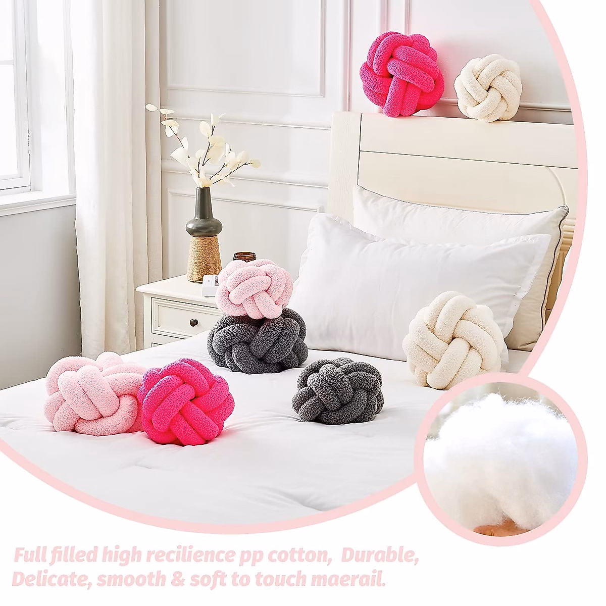 Uvvyui Knot Pillow Ball, Soft Pink Home Decor Knotted Pillows, Handmade Round Plush Throw Pillow, Aesthetic & Cute Large Decorative Pillows for Bed, Floor, Couch, Bedroom Home Decor 8 inches