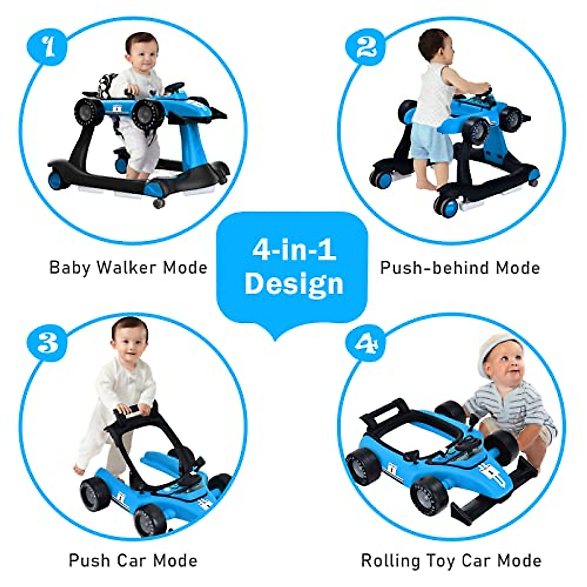 BABY JOY 4-in-1 Baby Walker, Foldable Activity Walker w/Adjustable Height & Speed, Music, Lights, Steering Wheel, Comfy Seat Cushion, Activity Baby Push Walker for Boys Girls Aged 6–18 Months (Blue)