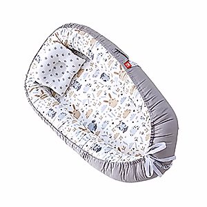 Vohunt Baby Lounger for Newborn,100% Cotton Co-Sleeper for Baby in Bed with Handles,Soft Newborn Lounger Adjustable Size & Strong Zipper Lengthen Space to 3 Tears Old(Grey Owl)