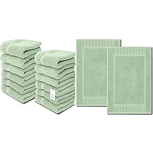 White Classic Luxury Washcloths | 12 Pack Luxury Bath Mat | 2 Pack Bundle (Green)