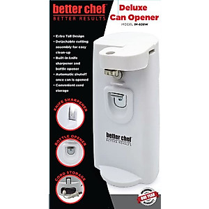 Better Chef Electric Tall Can Opener | 3-in-1 | Built in Knife Sharpener & Bottle Opener | Cord Storage | Auto-Stop (White)