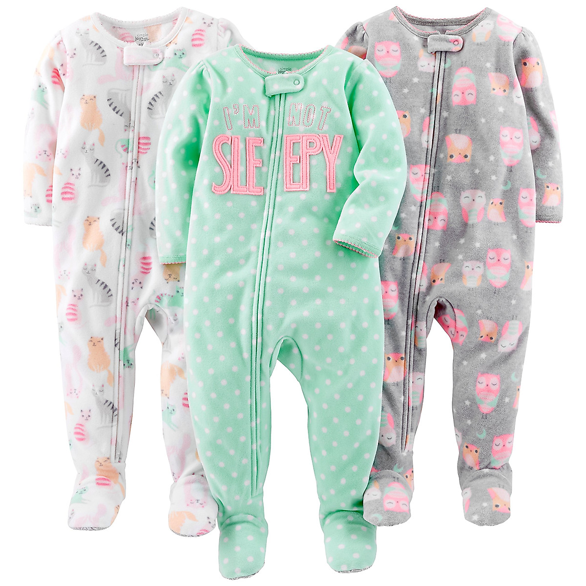 Simple Joys by Carter's Baby Girls' 3-Pack Loose Fit Flame Resistant Fleece Footed Pajamas, Cat/Dots/Owls, 2T