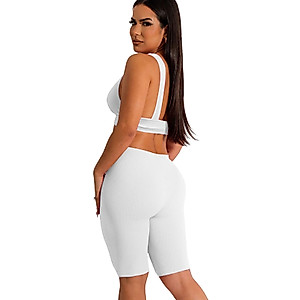 Plilima Casual Workout Sets Two Piece Outfits for Women Ribbed Crop Tank Top High Waist Leggings Yoga Outfits Short Sets XL