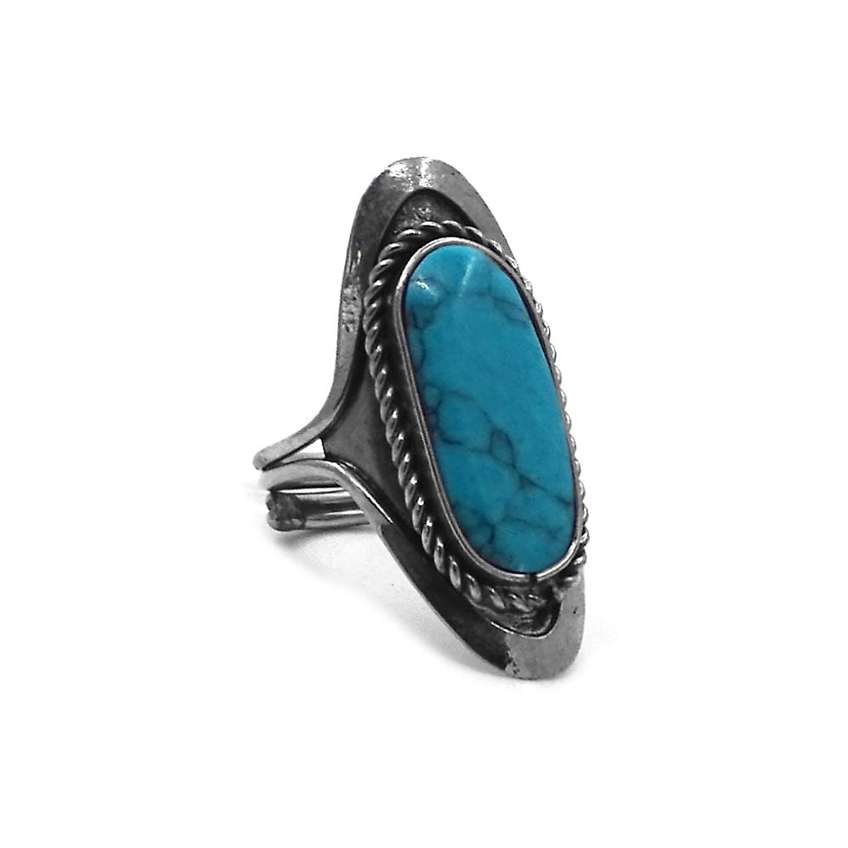 Mia Jewel Shop Ellipse Oval Flat Healing Gemstone Crystal Cabochon Silver Metal Border Adjustable Ring - Womens Natural Fashion Handmade Jewelry Boho Accessories (Turquoise Howlite)