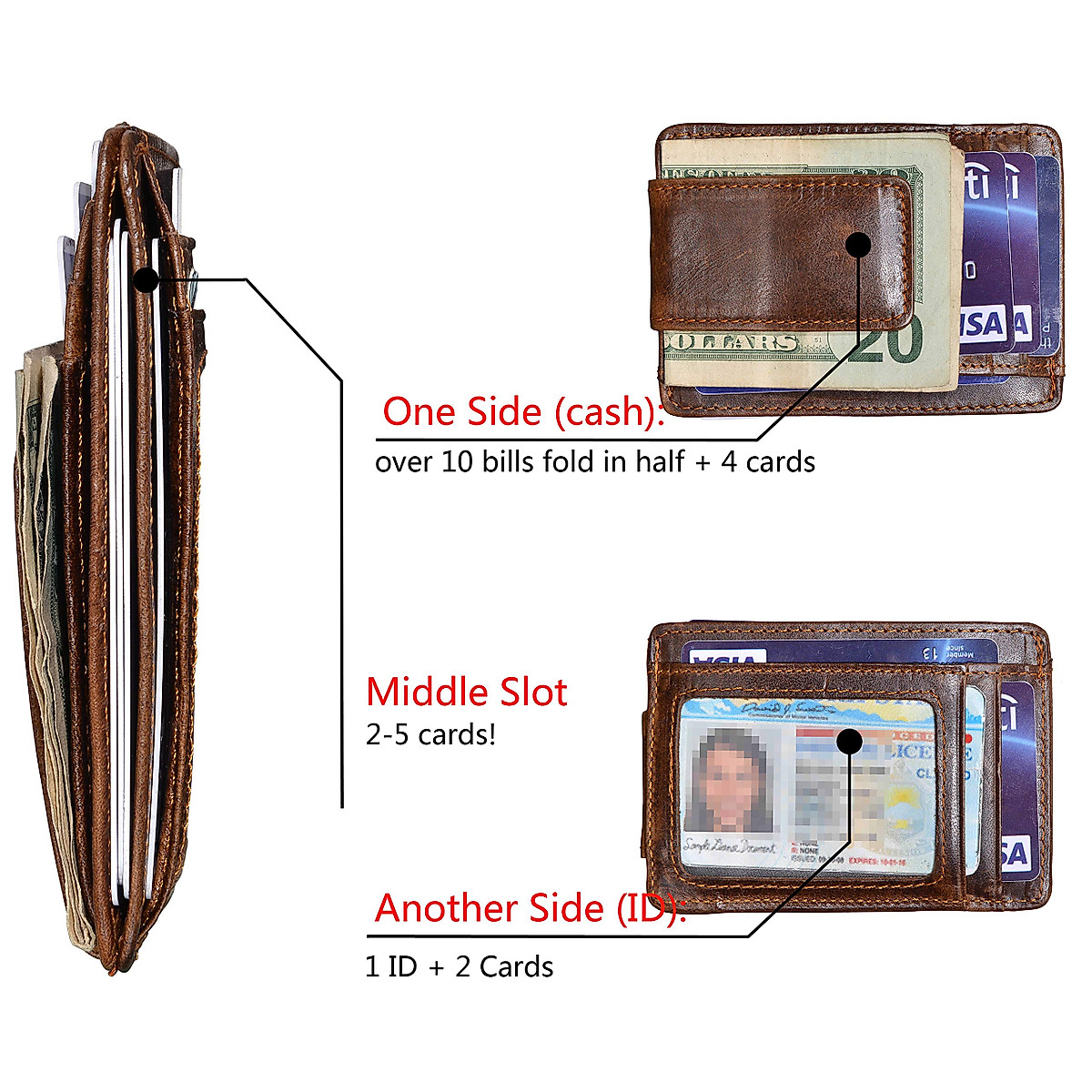 HOPSOOKEN Money Clip RFID Front Pocket Wallet Men Leather Slim Minimalist Wallet (Brown with ID Window (Crazy Hourse Leather))