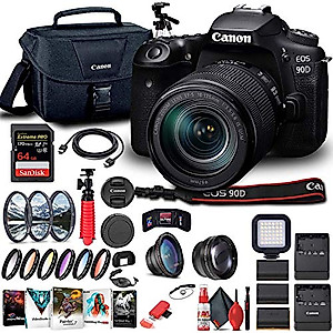 Canon EOS 90D DSLR Camera with 18-135mm Lens (3616C016) + 64GB Memory Card + Case + Corel Photo Software + 2 x LPE6 Battery + External Charger + Card Reader + LED Light + Filter Kit + More (Renewed)