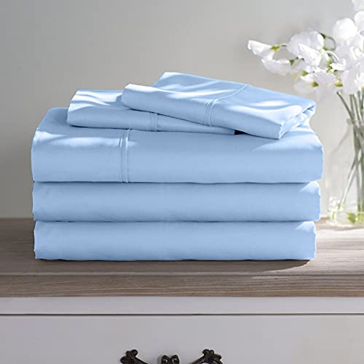 Split King Sheets Sets for Adjustable Bed, Soft 100% Egyptian Cotton 400-Thread-Count, Sateen Weave, 5PC Set with 2 Fitted Sheets, Split-King Sheet Set 25-Inch Deep Pockets, 400-TC - Light Blue Solid