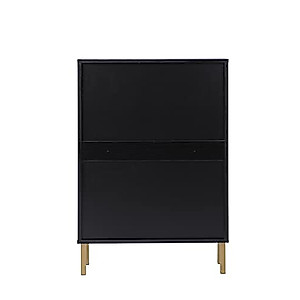 SSLine Shoe Cabinet with 2 Flip Down Storage Shelves Free-Standing Shoe Rack Modern Black Wood Shoe Storage Organizer w/Unique Rattan Decor &Gold Handles for Entryway Hallway Doorway