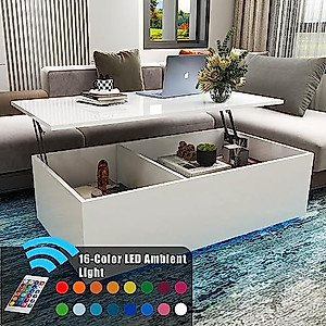 Rigel Coffee Table, High Gloss Minimalist Modern Design LED Coffee Table, 2-Tier Rectangle Coffee Table with Plug-in 16-Color LED Lights for Living Room
