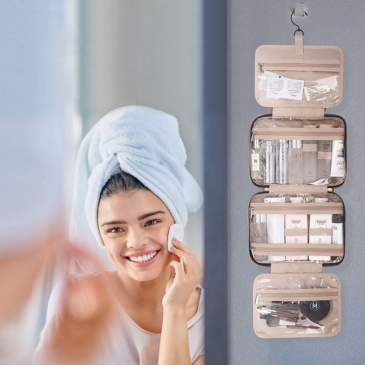 BAGSMART Toiletry Bag Travel Bag with Hanging Hook, Water-resistant Makeup Cosmetic Bag Travel Organizer for Accessories, Shampoo, Full Sized Container, Toiletries Grey, Large