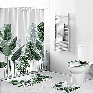 MJEMS Shower Curtain Sets with Bath Rugs Non-Slip Soft Toilet Lid Cover, 4 Pcs Tropical Leaves Plant Pattern Shower Curtain for Bathroom Decorations
