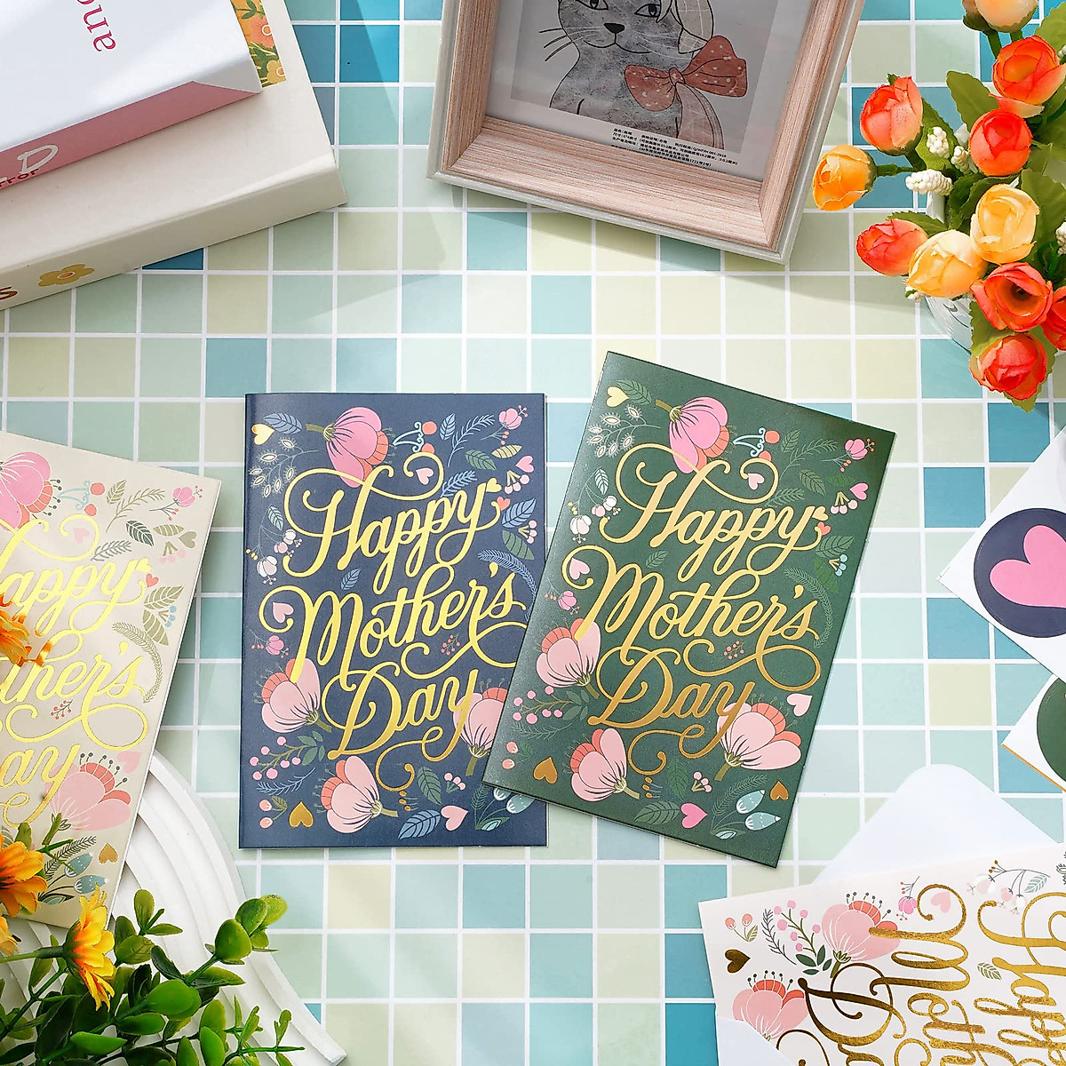 AnyDesign Greeting Card, 16 Pack Foil Gold Mother's Day Card with Stickers & Envelopes, Floral Blank Note Cards Assortment for Birthday Celebration, 4 x 6 Inch