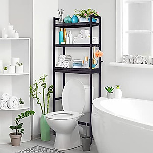 Ohuhu Over The Toilet Storage Shelf, Bamboo 3-Tier Over Toilet Bathroom Organizer Space Saver Stand Rack, Adjustable Shelves Above Toilet with Paper Holder and 3 Hooks for Restroom Laundry, Brown