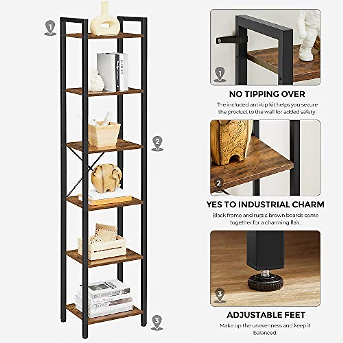 VASAGLE 6-Tier Tall Bookshelf, Narrow Bookcase with Steel Frame, Skinny Book Shelf for Living Room, Home Office, Study, 11.8 x 15.7 x 73.8 Inches, Industrial Style, Rustic Brown and Black ULLS101B01