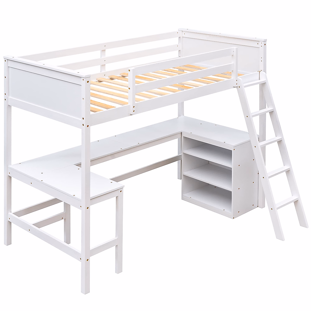 Harper & Bright Designs Twin Loft Bed with Desk and 3 Shelves, Solid Wood Twin Size Loft Bed Frame with Angled Ladder for Kids Teens Boys Girls, No Box Spring Needed (White)
