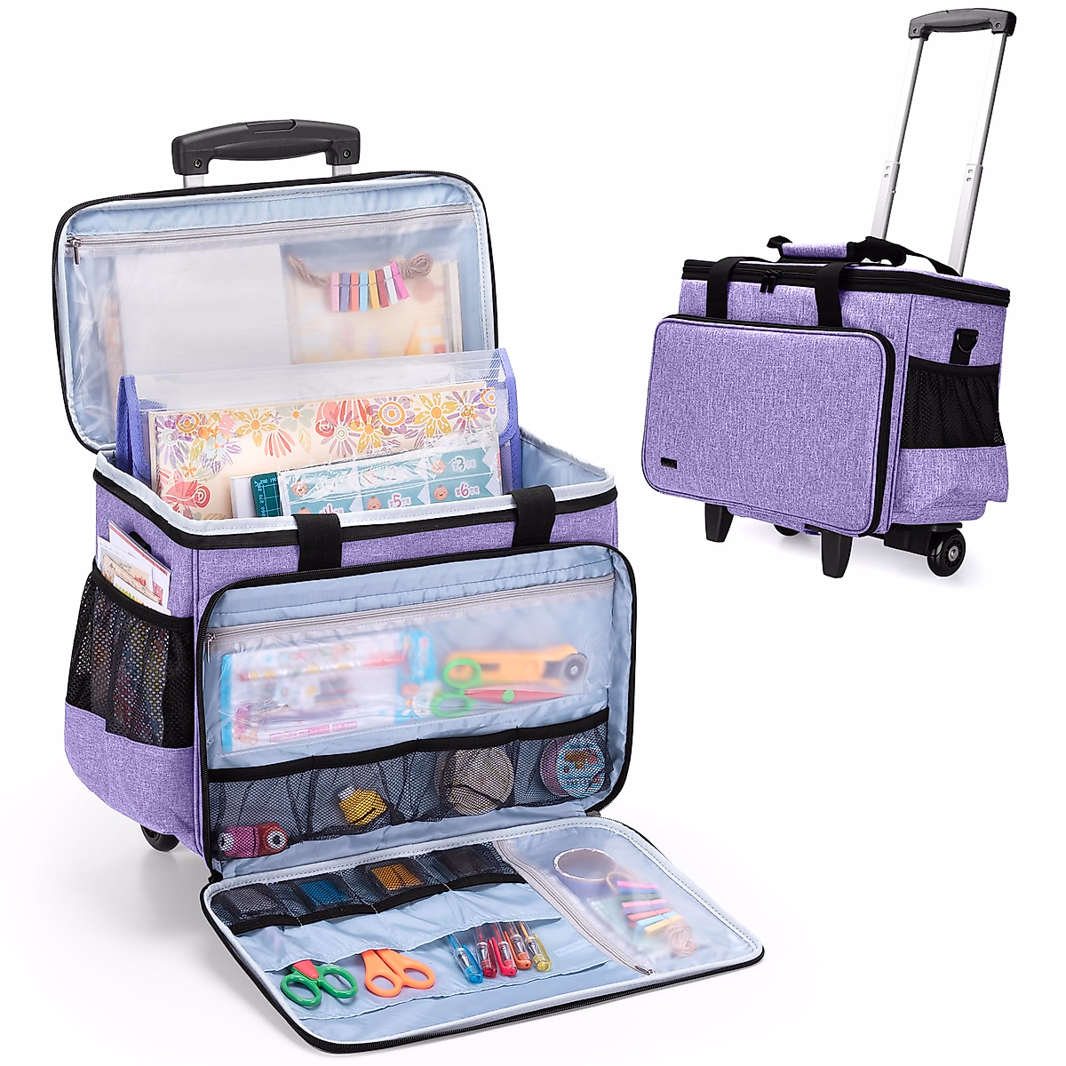 Yarwo Rolling Craft Bag on Wheels, Women Craft Scrapbook Tote Bag with Detachable Trolley and Extra Bottom Board for Teaching Crafts Supplies and Tools, Rolling Teacher Cart for Women, Purple