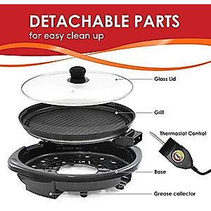 Elite Gourmet EMG-980BSC Large Indoor Electric Round Nonstick Grill Cool Touch Fast Heat Up Ideal Low-Fat Meals Easy to Clean Design Dishwasher Safe Includes Glass Lid, Black