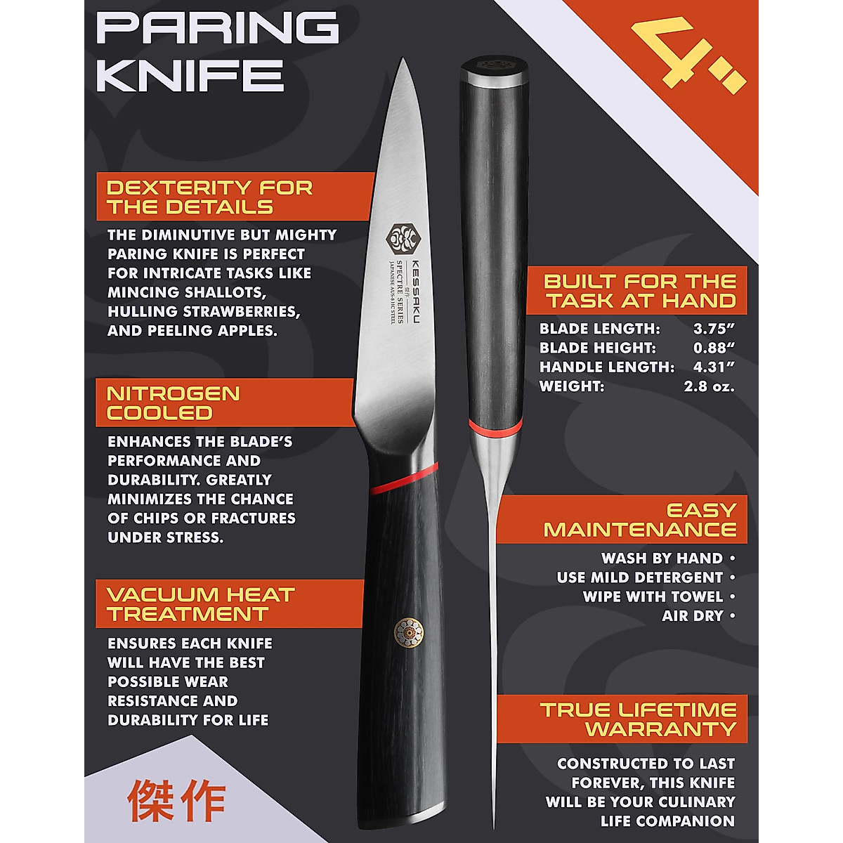 KESSAKU 4-Inch Paring Knife - Spectre Series - Forged Japanese AUS-8 High Carbon Stainless Steel - Pakkawood Handle with Blade Guard