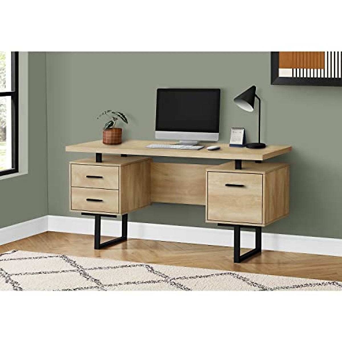 Monarch Specialties 7628 Computer Desk, Home Office, Laptop, Left, Right Set-up, Storage Drawers, 60" L, Work, Metal, Laminate, Natural, Black, Contemporary Desk-60 x 23.75 W x 30.25" H