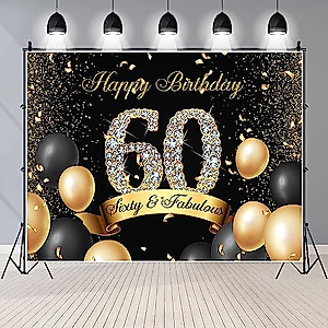 5x4Ft 60th Birthday Backdrops Black Gold Glitter Diamonds Balloons Photography Background Birthday Party Backdrop Decoration Cake Table Banner Photo Booth Props