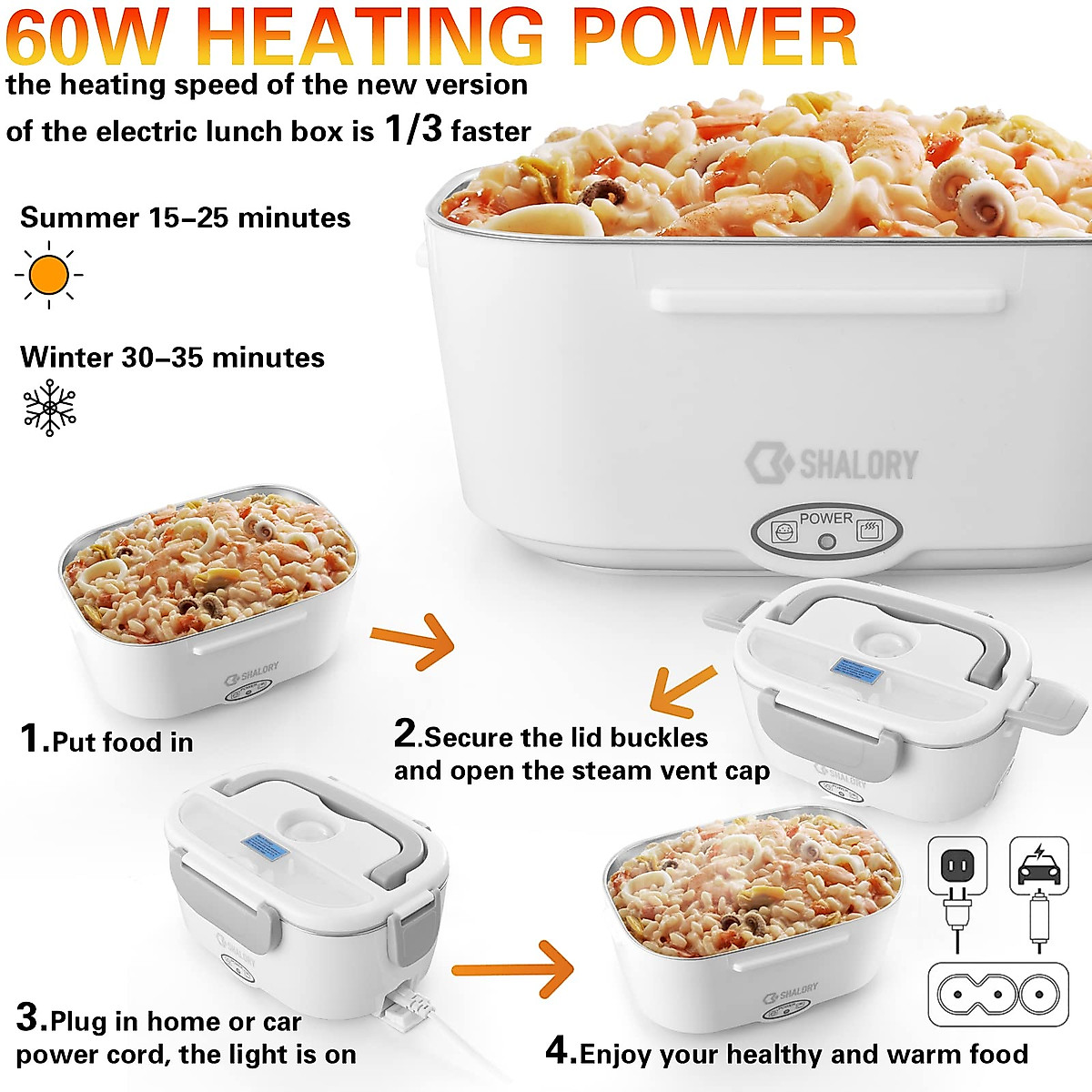 SHALORY Electric Lunch Box Food Heater, 3 in 1 Portable 60W Food Warmer Leakproof Self Heating Lunch Box for Adults/Work/Car/Truck/Home with 1.5L Removable 304 Stainless Steel Container (Grey)