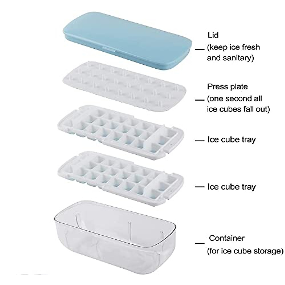 LittleStar Ice Tray with Lid and Bin-Updated Press Plate Easy Release Ice Cubes Double Layers Ice Makers For 48pcs Ice Cubes BPA Free (Blue)