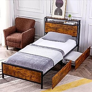 GAZHOME Twin XL Bed Frame with 2 XL Storage Drawers, Platform Bed Frame with 2-Tier Headboard, Strong Metal Slat Support/No Box Spring Needed/Easy Assembly/Space Saving