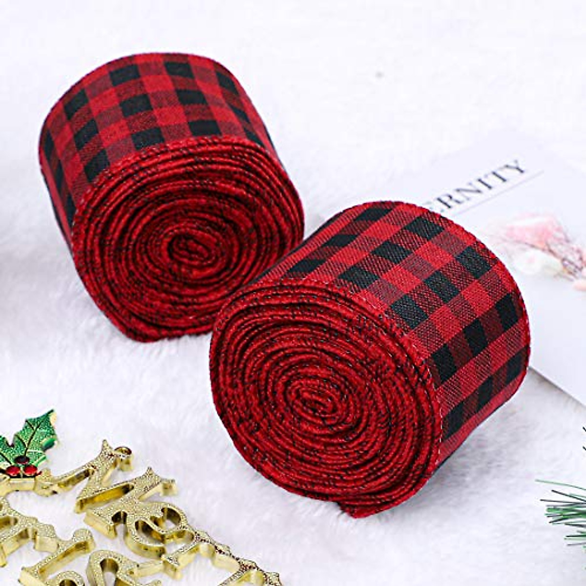 URATOT 2 Rolls Red and Black Plaid Burlap Ribbon Wired Ribbon Christmas Wrapping Ribbon for Christmas Crafts Decoration, Floral Bows Craft, 472 by 2.48 Inch