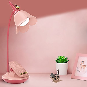 KoudHug Pink Desk Lamp with Clamp, Rechargeable LED Small Desk Lamp, Adjustable Gooseneck, Dimmable Cute Desk Lamp for Kids Girls Bedroom Dorm Office