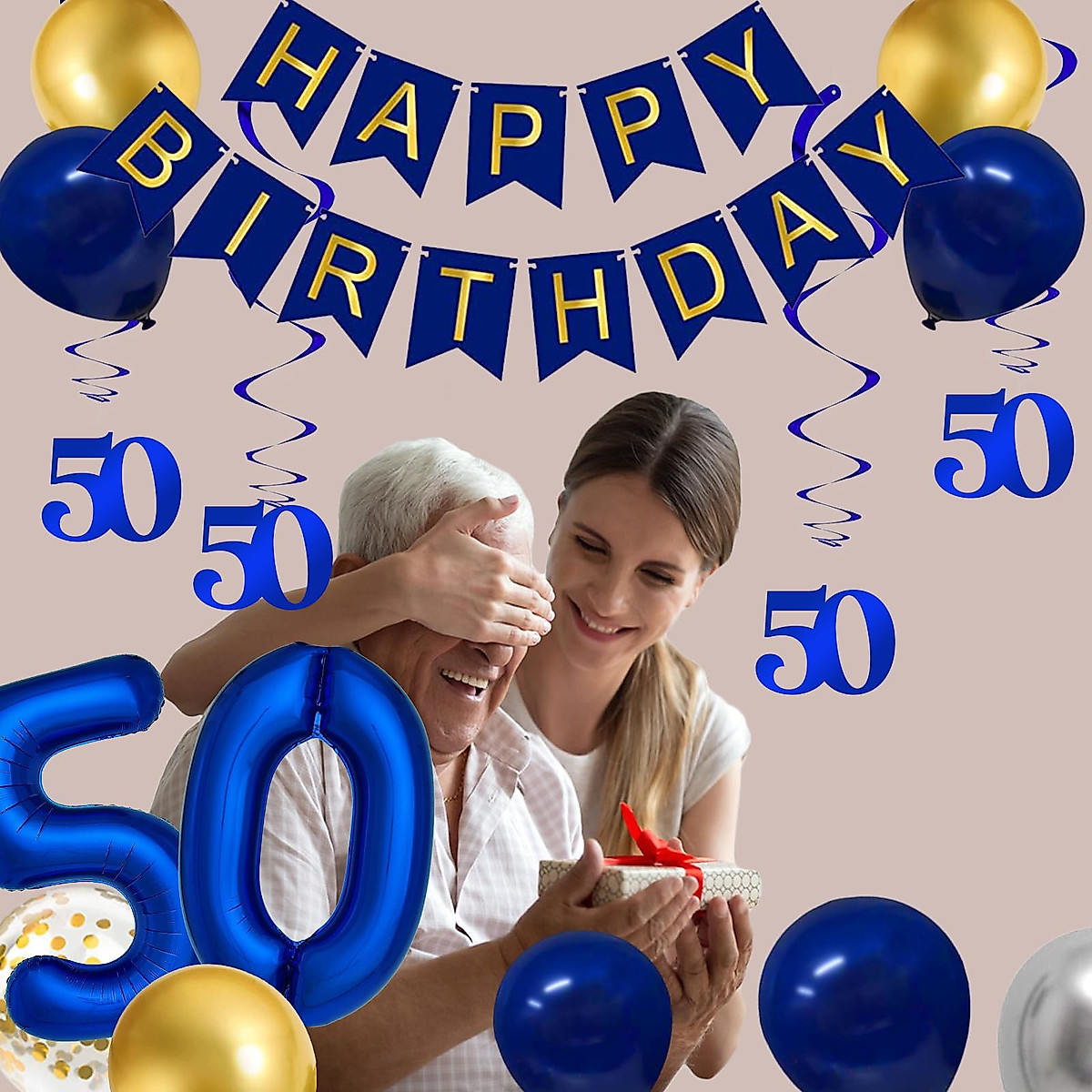 Blue and Gold 50th Birthday Party Decorations for Him Her, Happy Birthday Banner, Number 50 Foil Balloon, Navy Blue and Gold Birthday Decorations Supplies by BRT Bearingshui