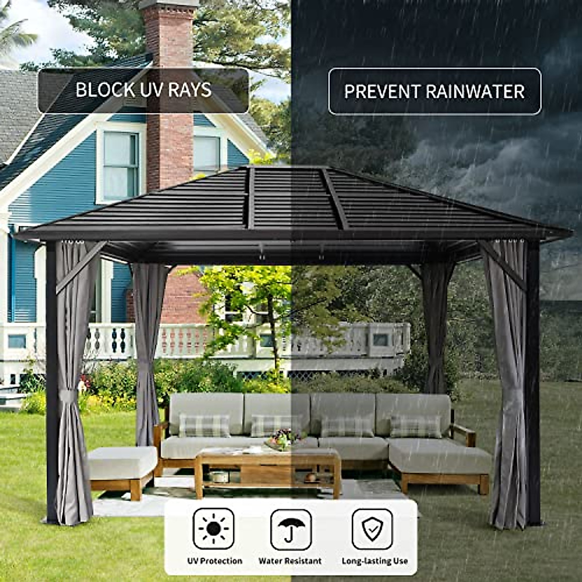 GARTOO 10' x 12' Patio Hardtop Gazebo - Outdoor Metal Hard Top with Fully Enclosed Zip Curtain & Breathable Mesh, Galvanized Steel Top Gazebo for Garden, Lawn, Outdoor Party (Black)