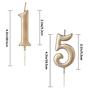 Champagne Gold 15th Birthday Candles for Cake, Number 15 1 5 Glitter Candle Party Anniversary Cakes Decoration for Kids Women or Men