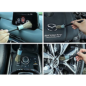TAKAVU Boar Hair Detailing Brush Set, 5pcs Detail Brushes, 3pcs Wire Brush, Air Conditioner Brush & Microfiber Towel for Cleaning Engine, Wheel, Interior, Air Vent, Emblem, Car, Motorcycle