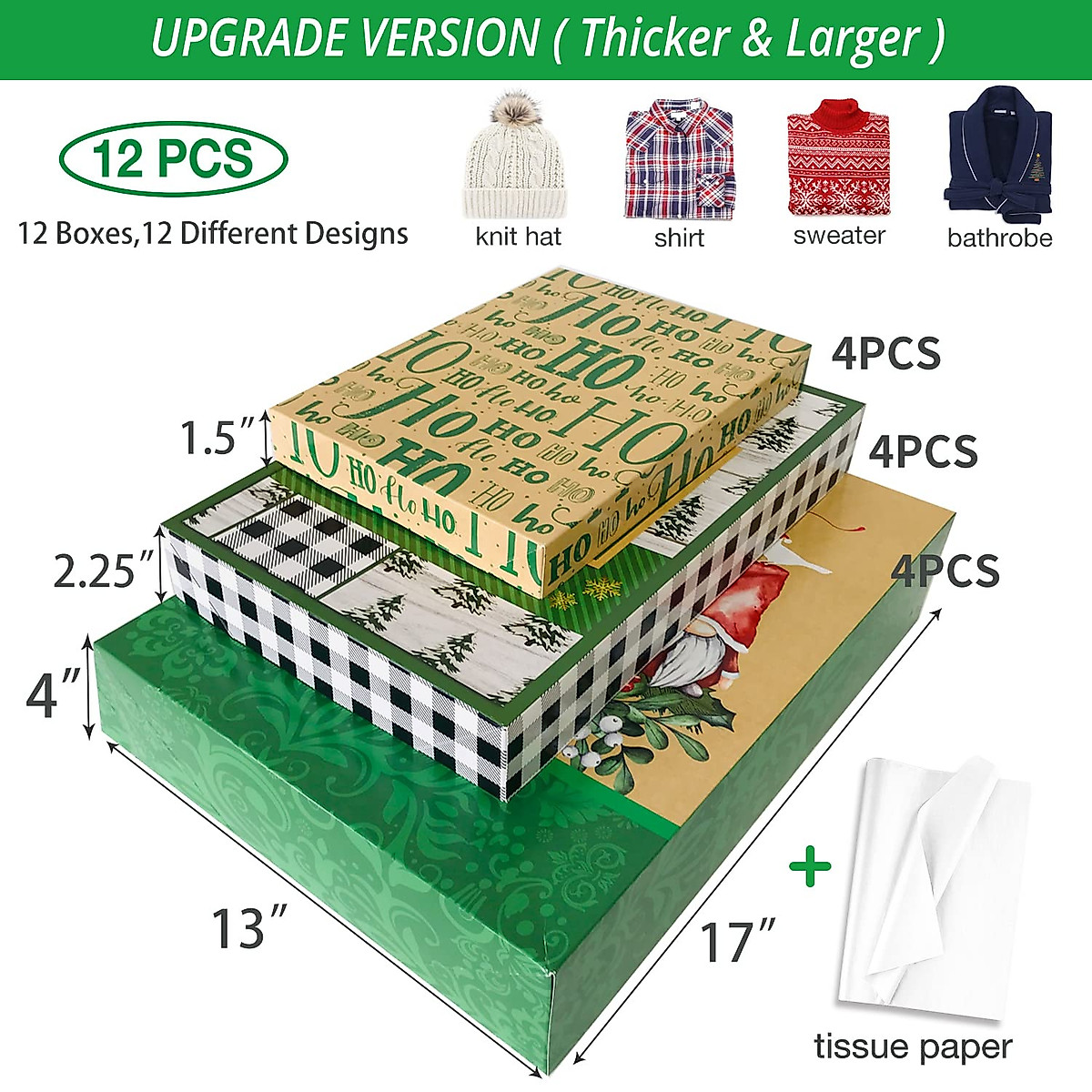 Party Funny 12 Christmas Gift Wrap Boxes for Wrapping Extra Large Clothes, 12 tissue paper and 80 Christmas Stickers(Assorted size for Shirts, Robes, Coats, Sweaters and xmas Holiday Present)
