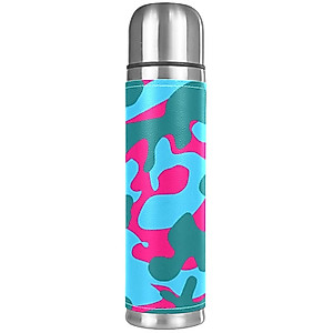 Stainless Steel Leather Vacuum Insulated Mug Crazy Colors Thermos Water Bottle for Hot and Cold Drinks Kids Adults 16 Oz
