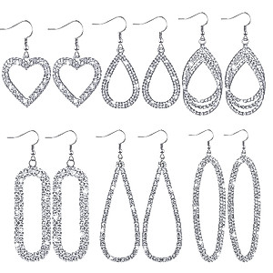 6 Pairs Silver Rhinestone Dangle Earrings Simulated Diamond Teardrop Dangle Earrings Hoop Drop Tear Drop Earrings Crystal Long Dangling Earrings for Women