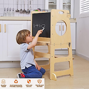4-in-1 Foldable Kitchen Stool Helper with Safety Crossbar, Standing Toddlers Tower with Chalkboard for Learning, Montessori Folding Desk Table and Chair Set for Kids 1-6 Years