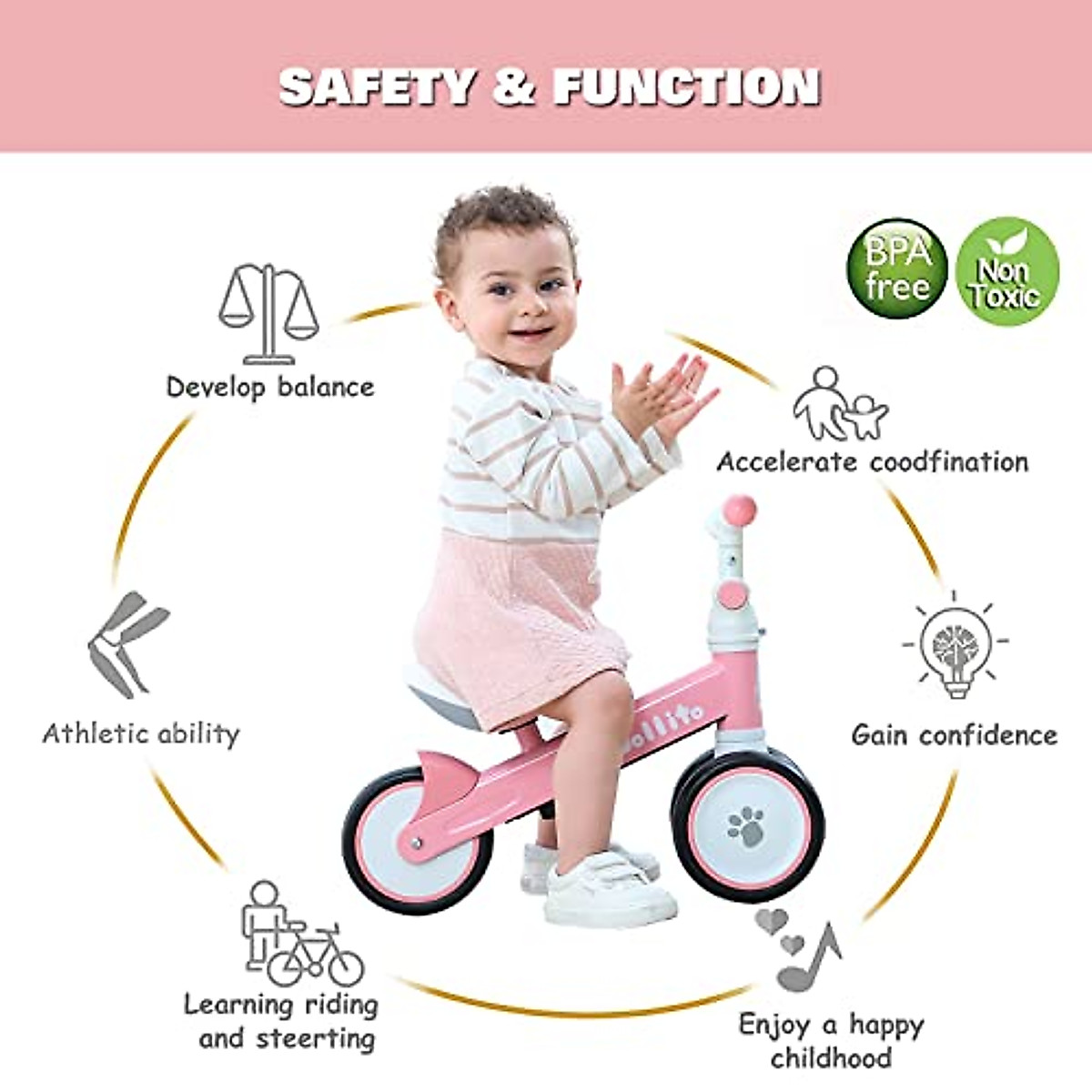 JOLLITO Baby Balance Bike, Adjustable Toddler Bicycle 12-24 Months, Best Birthday Gifts Toys for 1 Year Old Boys Girls, 3 Wheel, Pink