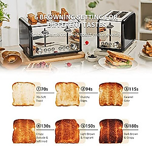 REDMOND Toaster 4 Slice Stainless Steel, Wide Slots 4 Slice Toaster with Bagel Defrost Cancel Function 6 Bread Shade Settings for Bread waffles Auto Shutoff Black