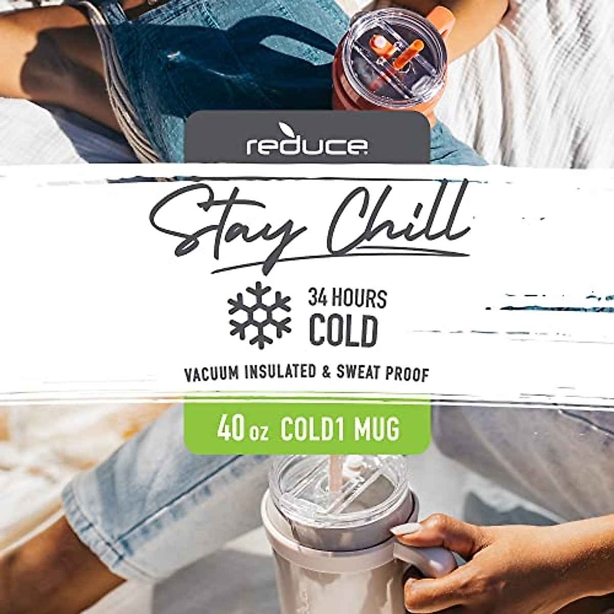 REDUCE 40 oz Tumbler with Handle - Vacuum Insulated Stainless Steel Mug with Sip-It-Your-Way Lid and Straw - Keeps Drinks Cold up to 34 Hours - Sweat Proof, Dishwasher Safe, BPA Free - Sand