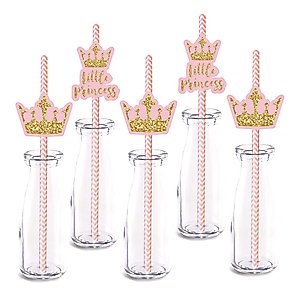 Little Princess Party Straw Decor, 24-Pack Pink Gold Girl Baby Shower Kids Birthday Party Decorations, Paper Decorative Straws
