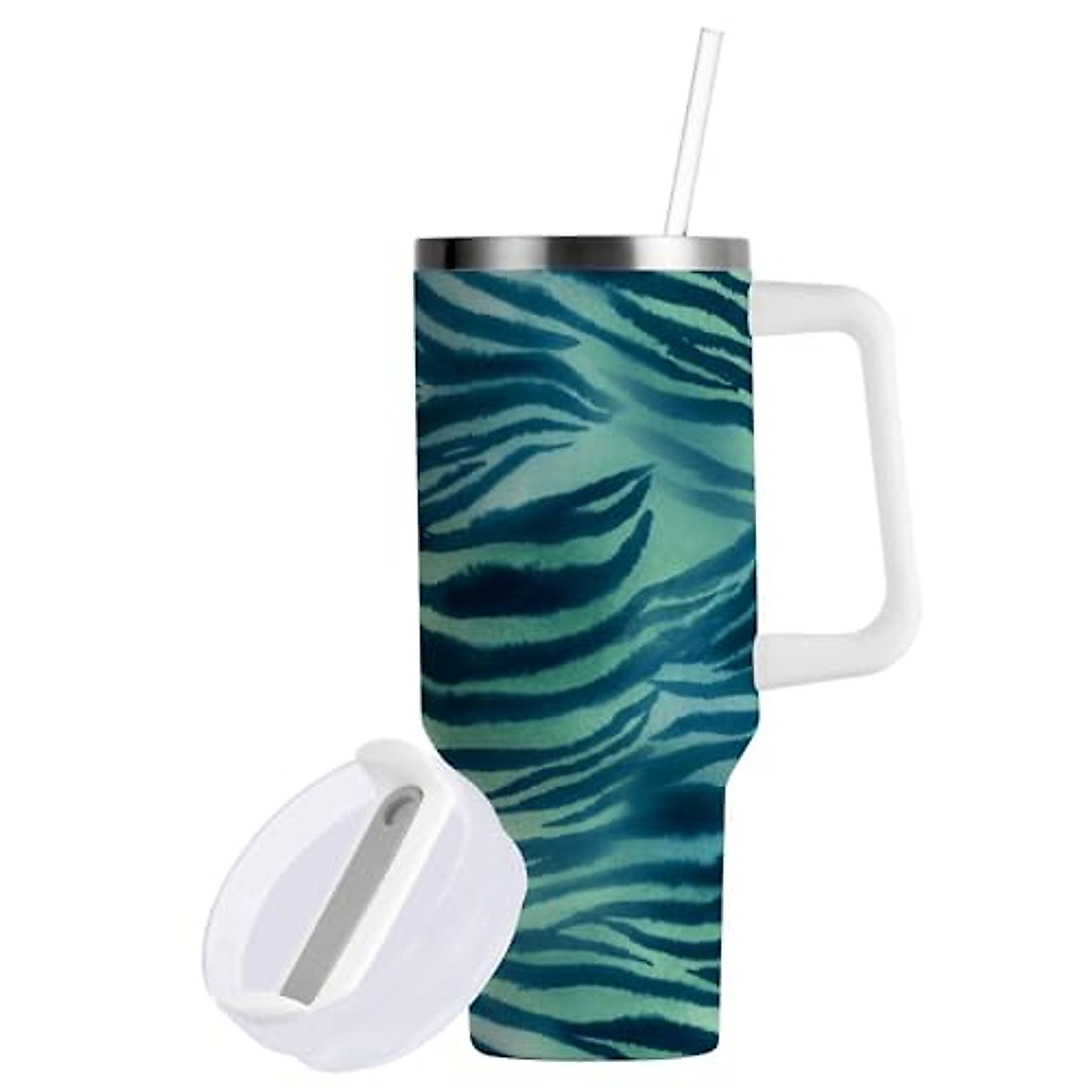 Burbuja Blue Green Zebra Skin 40oz Insulated Tumblers with Handle and Straw Lid, Double Wall Stainless Steel Travel Mug Leak-Proof, BPA Free, Gift for Mom Dad