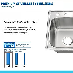 ORLANDO 17x22 inch Single Bowl Kitchen Sink Drop in Stainless Steel Bar Sink, Topmount Bar/Prep sink