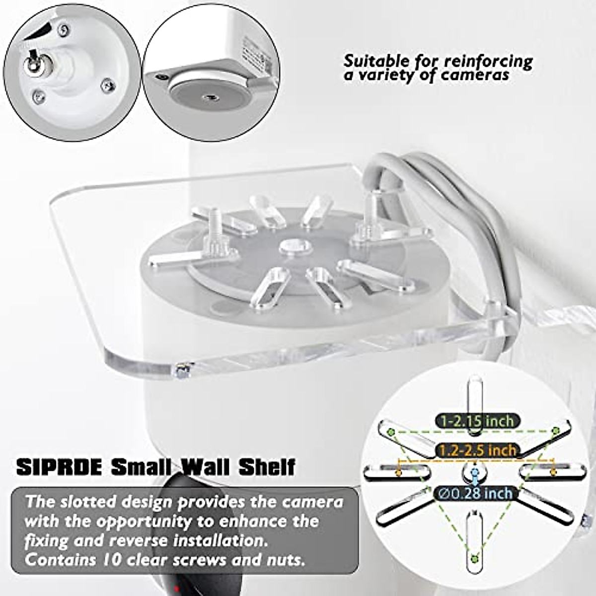 SIPRDE Acrylic Small Wall Shelf Set of 3 for Security Cameras, Speakers, Baby Monitors & More - 4'' Universal Adhesive Shelf Easy to Install No Drill, with Cable Clips (Clear)